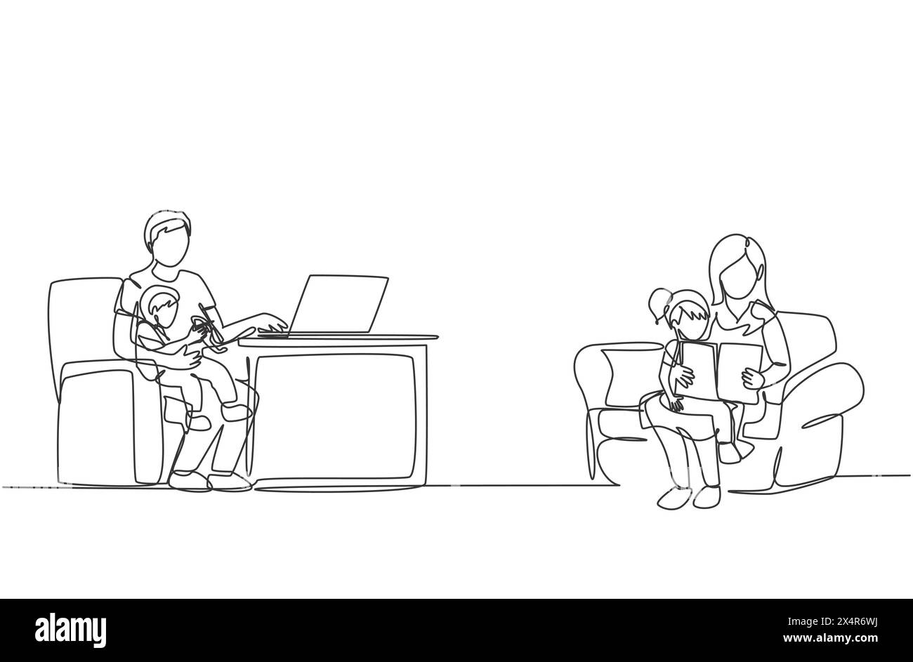 One continuous line drawing of young mother reading book to daughter ...