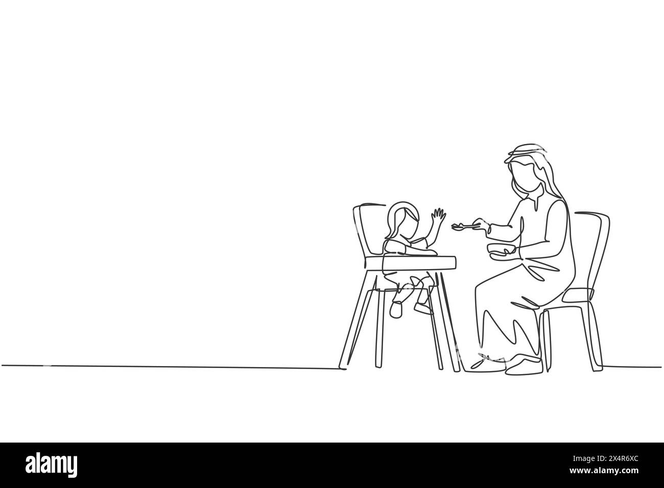 Single continuous line drawing of young Islamic father feeding his ...