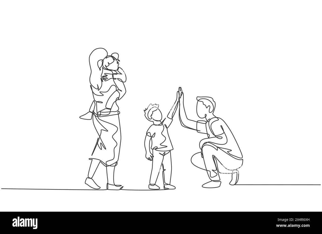 One single line drawing of young father giving high five to his son ...