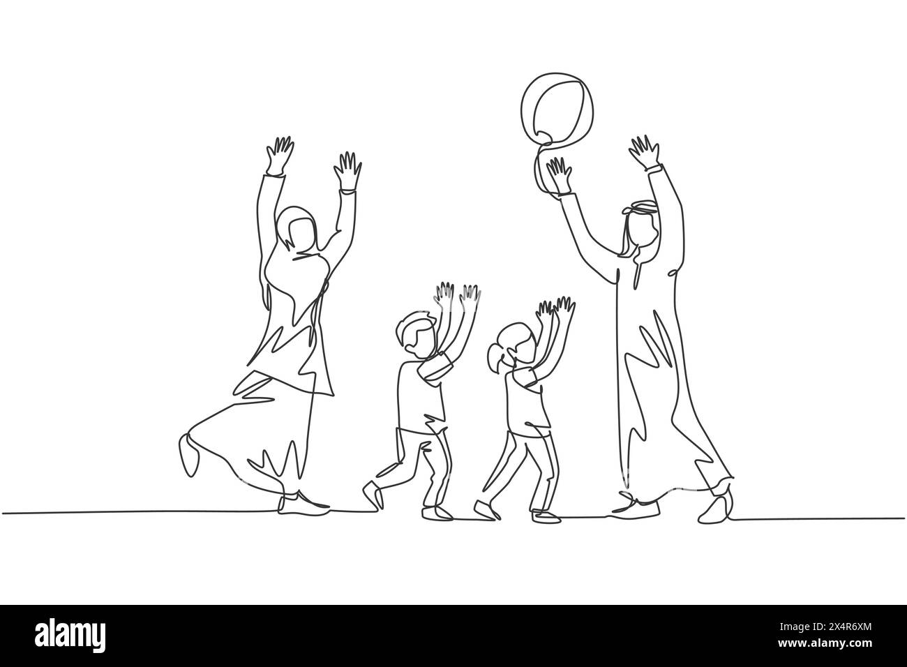 One continuous line drawing of young Arabian couple playing throwing ...