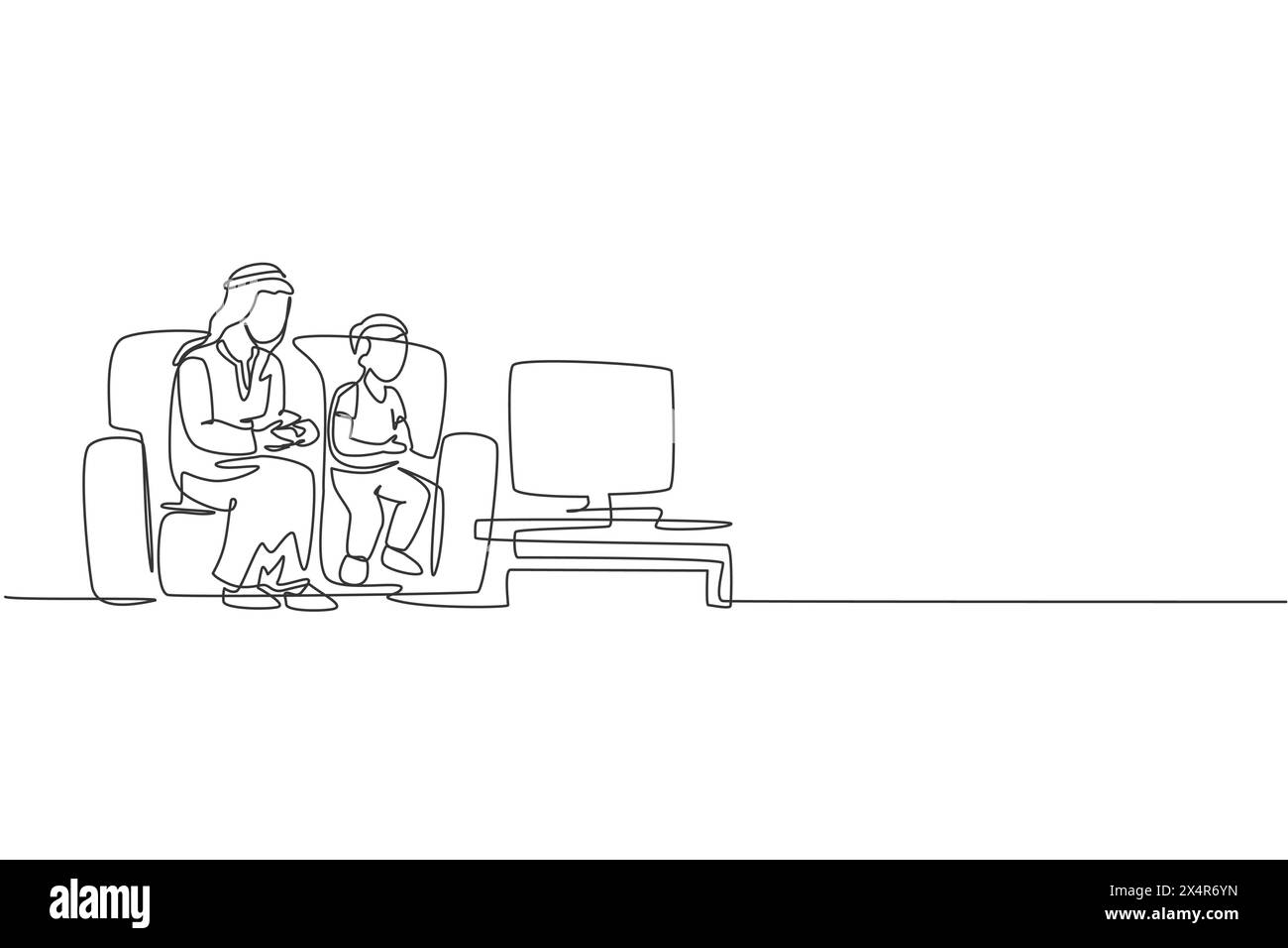 Single continuous line drawing of young Arabian father playing console ...
