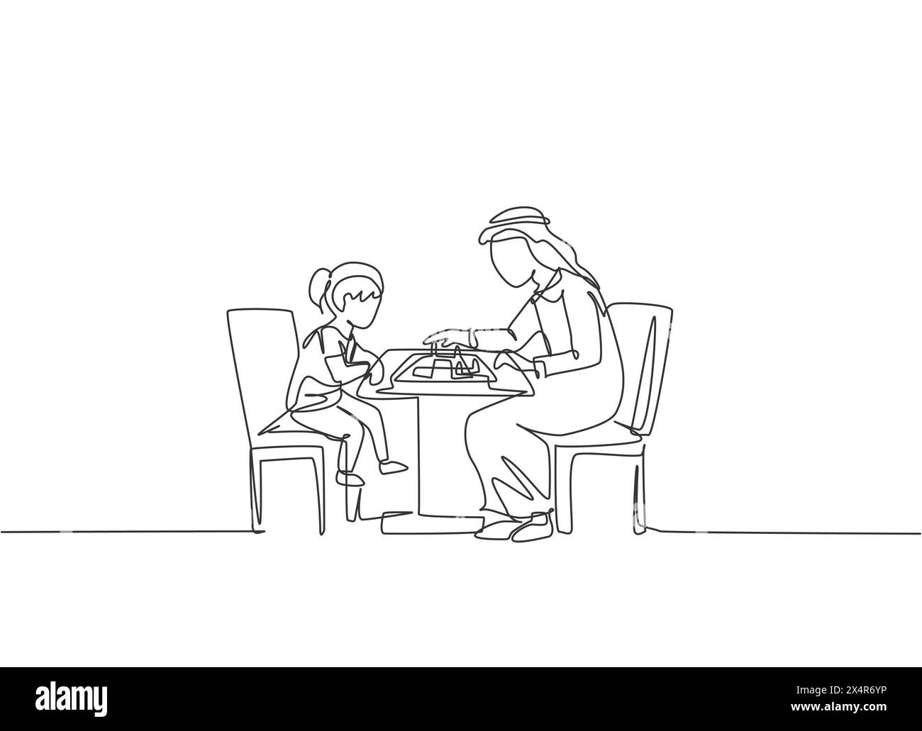 One continuous line drawing of young Arabian dad and daughter thinking ...