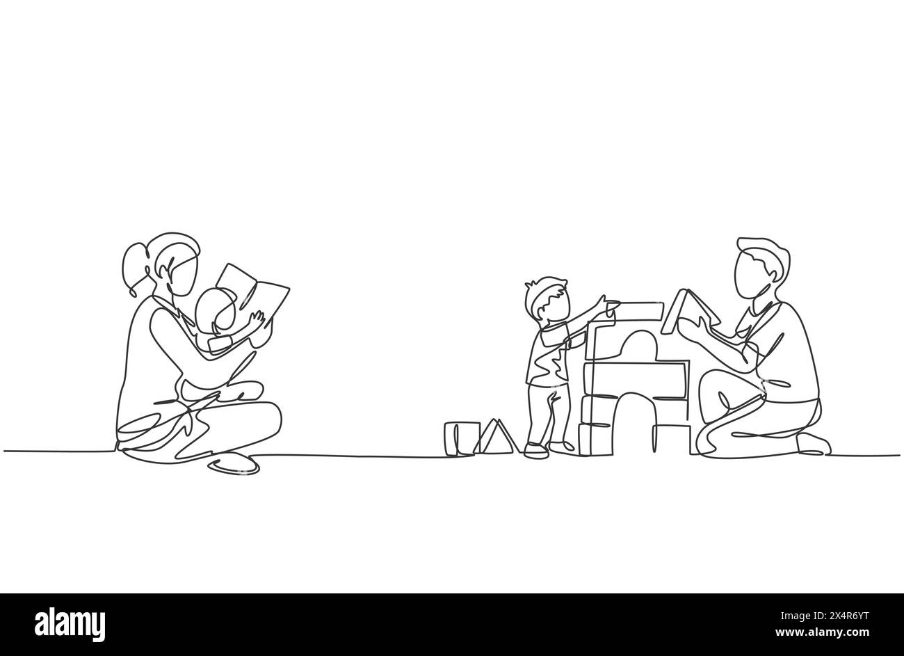 Single continuous line drawing of young mother reading book to daughter ...