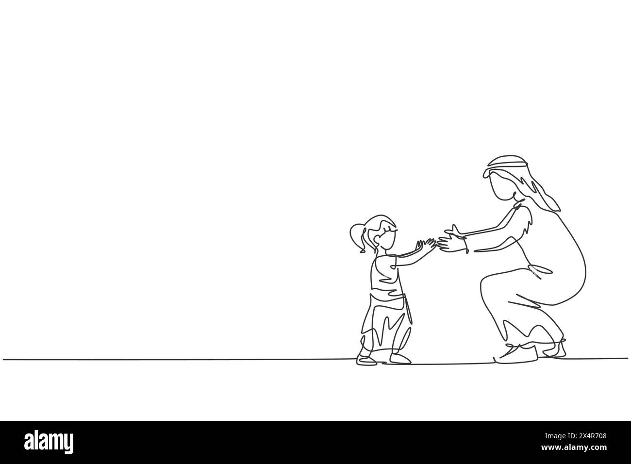 Single continuous line drawing of young Arabian dad teach how to walk ...
