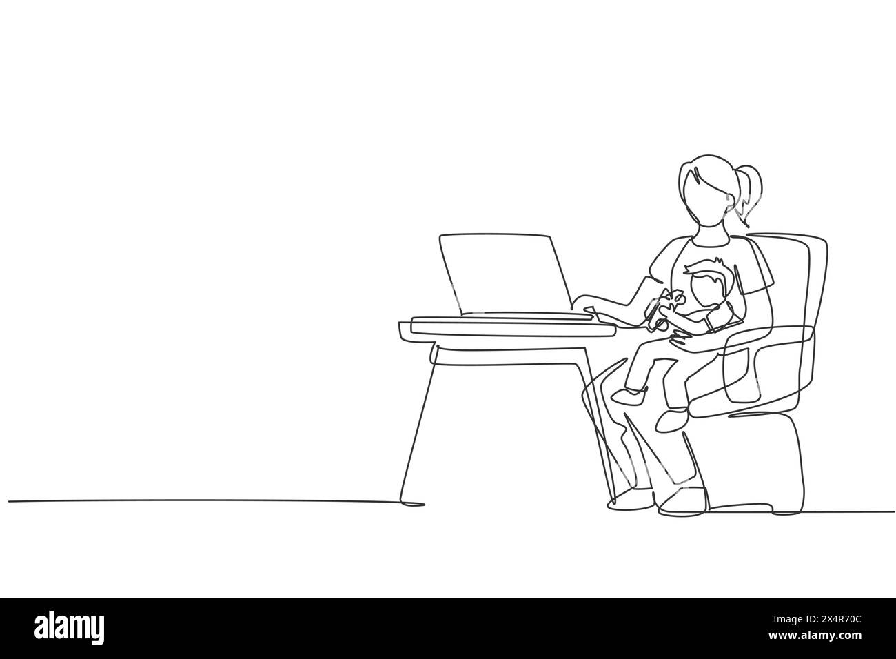 Single continuous line drawing of young mom siting on chair and holding ...