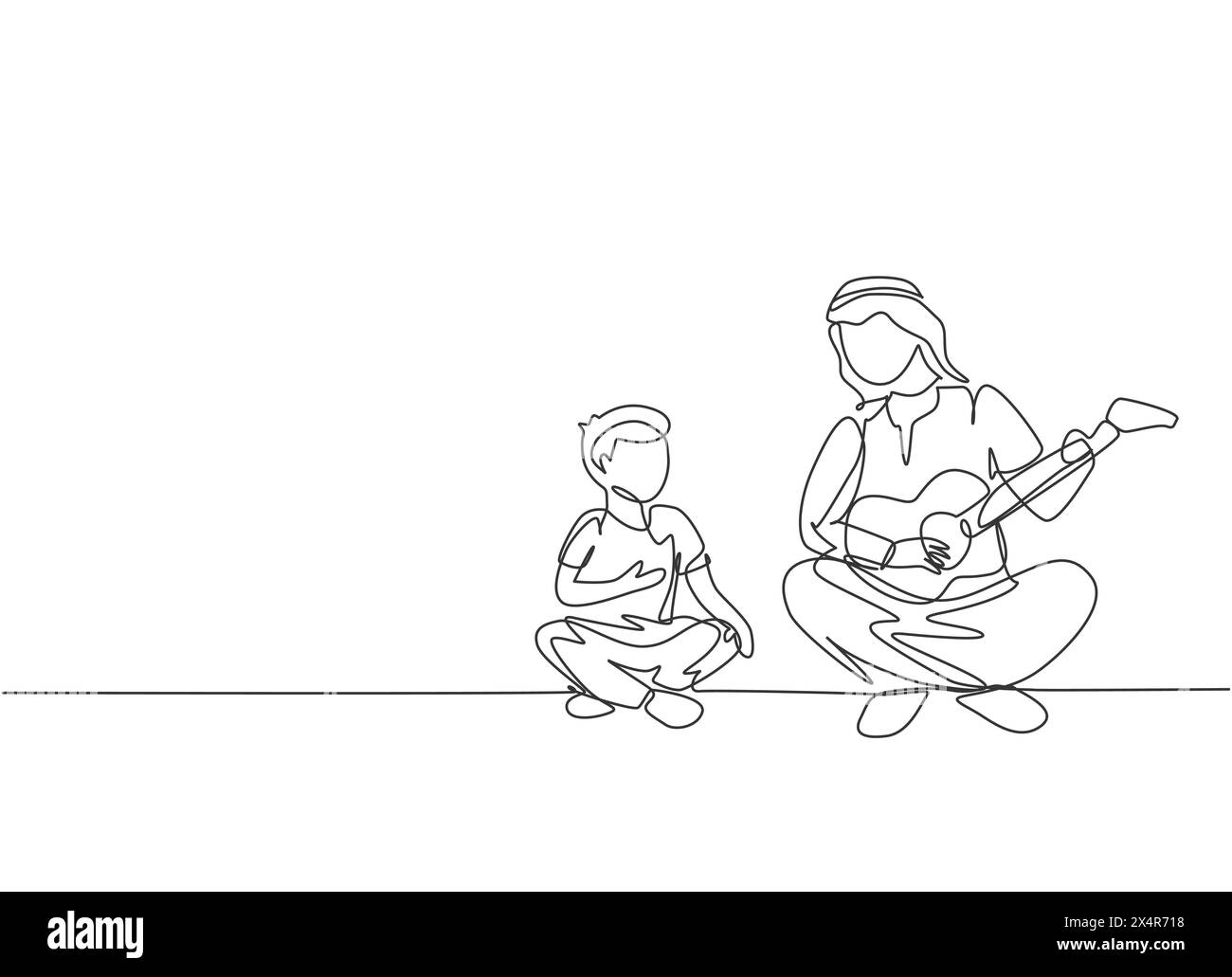 One single line drawing of young Arabian father playing guitar and ...