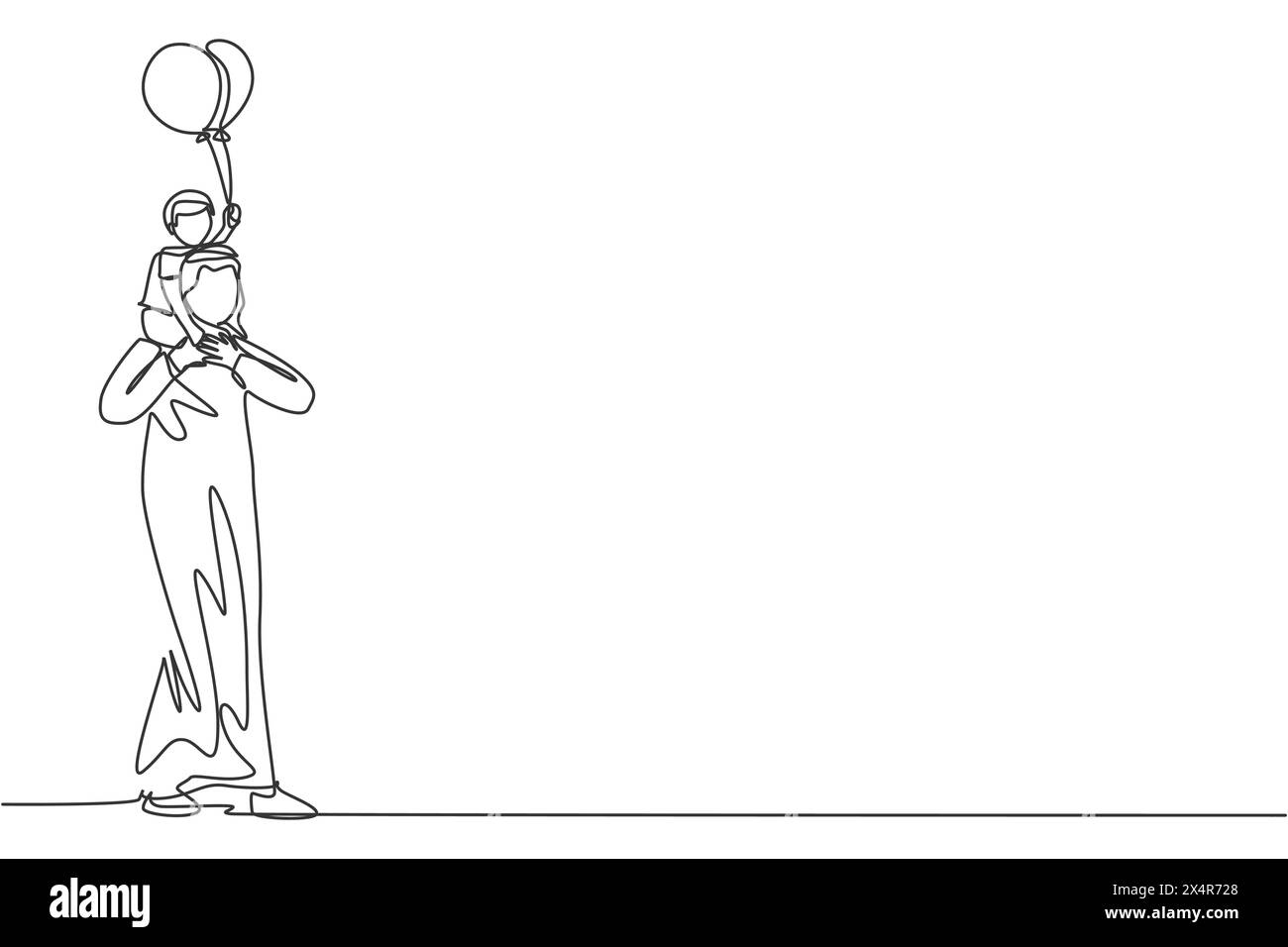 One continuous line drawing of young Islamic father hold son on ...