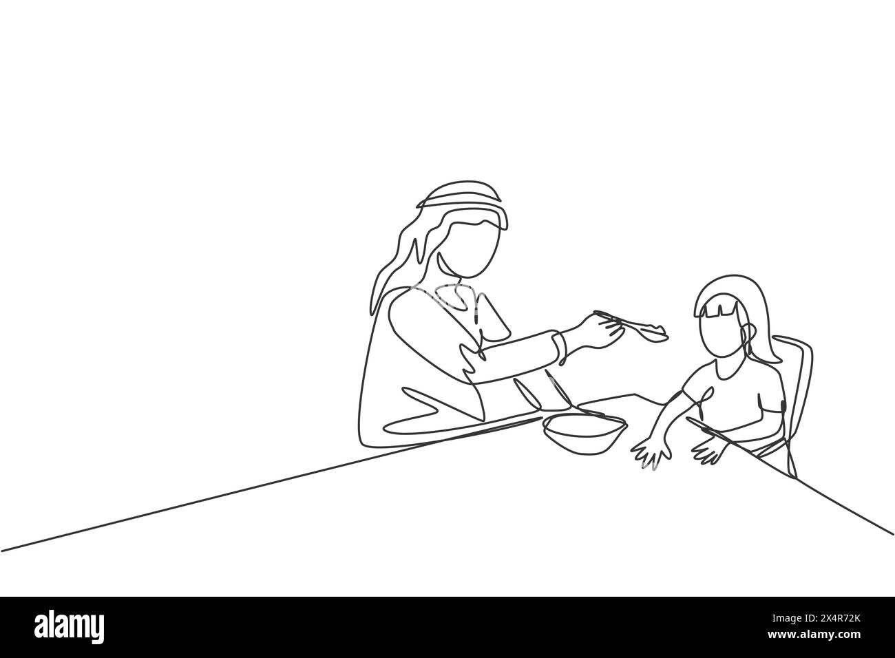 One single line drawing of young Islamic dad feeding nutritious food to ...