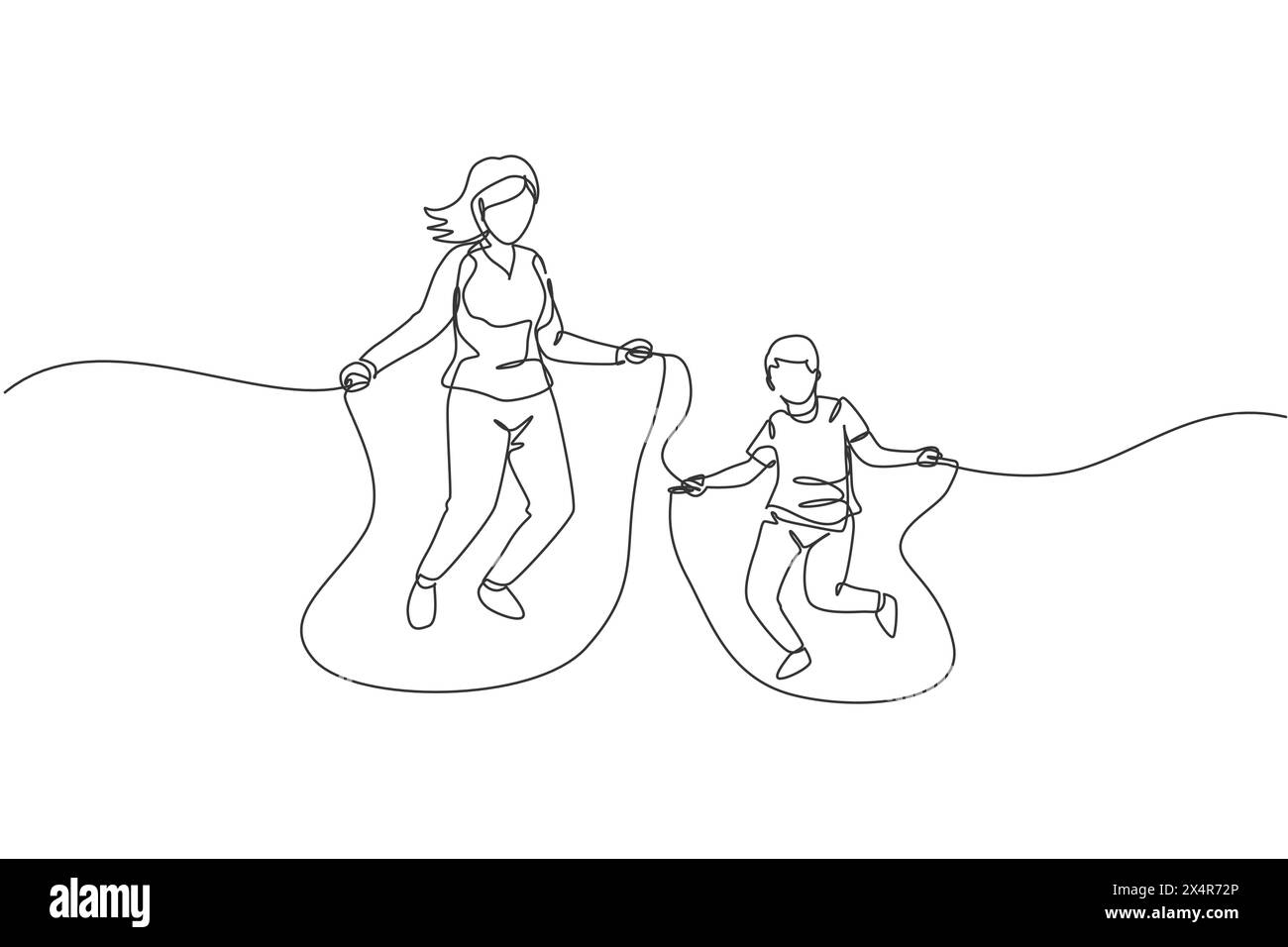 One continuous line drawing of young mother and his son train jumping ...