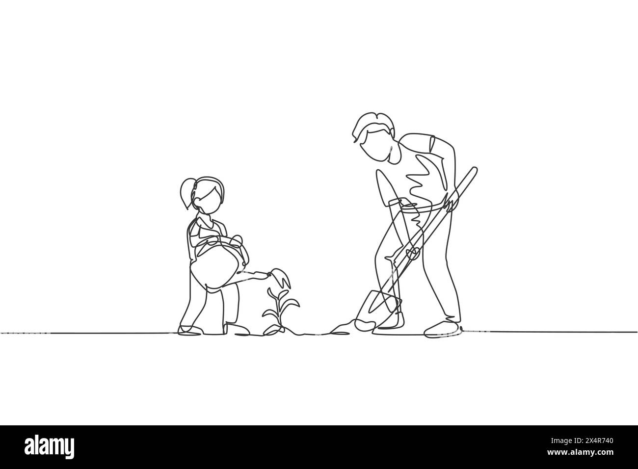 One single line drawing young father digging ground using shovel and ...