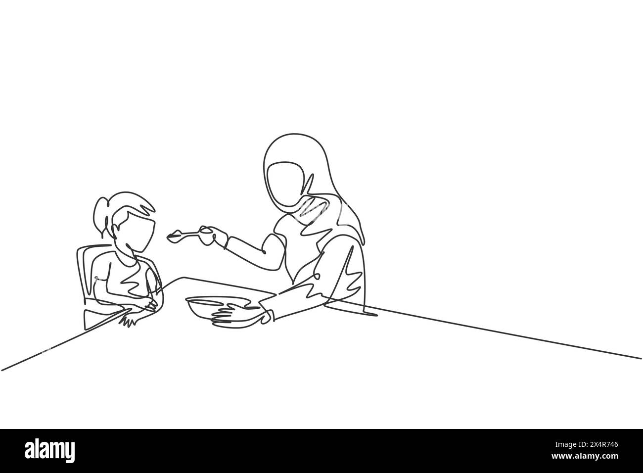 Single continuous line drawing of young Islamic mom feeding healthy ...