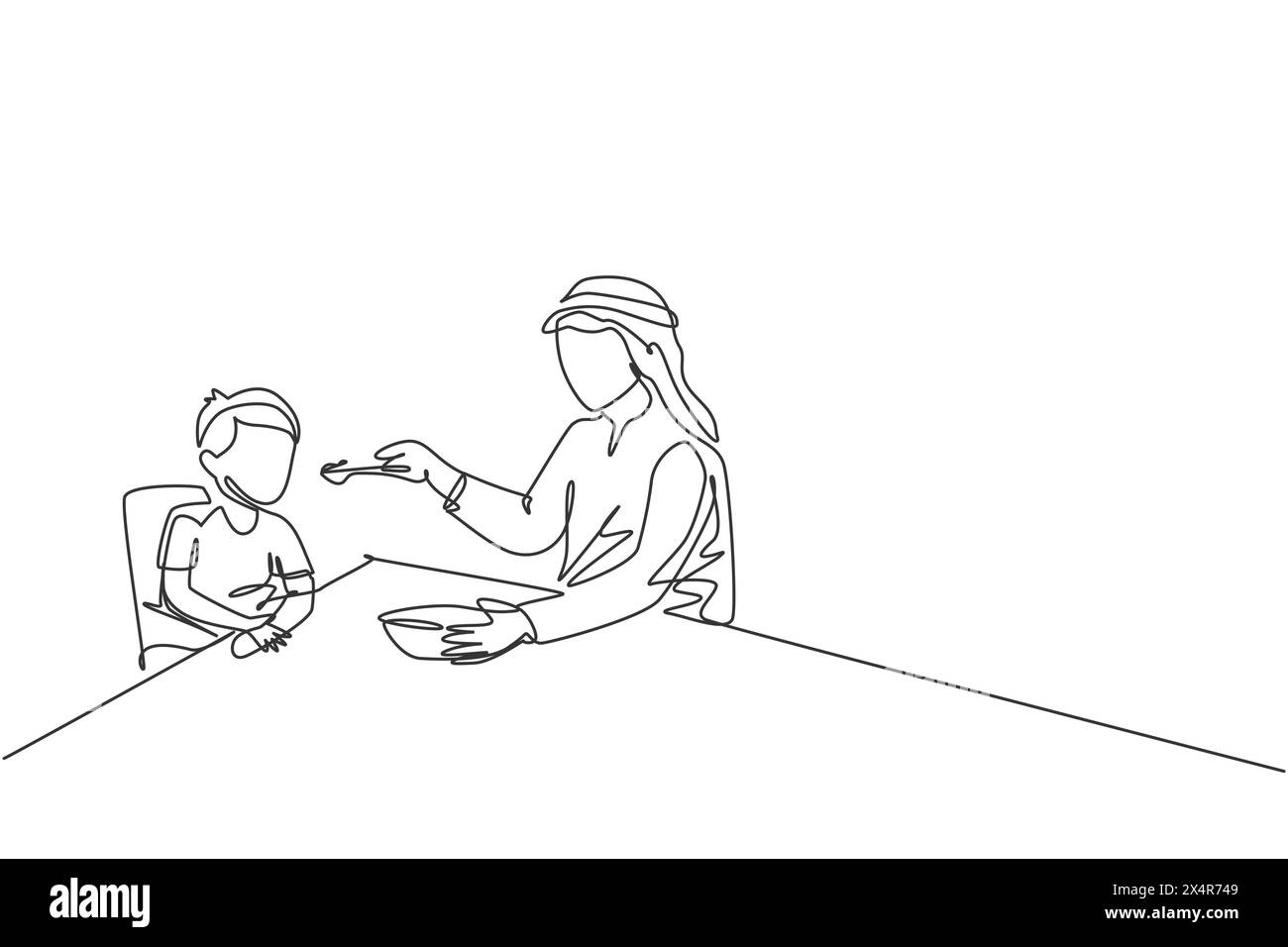 Single continuous line drawing of young Islamic father feeding food to ...