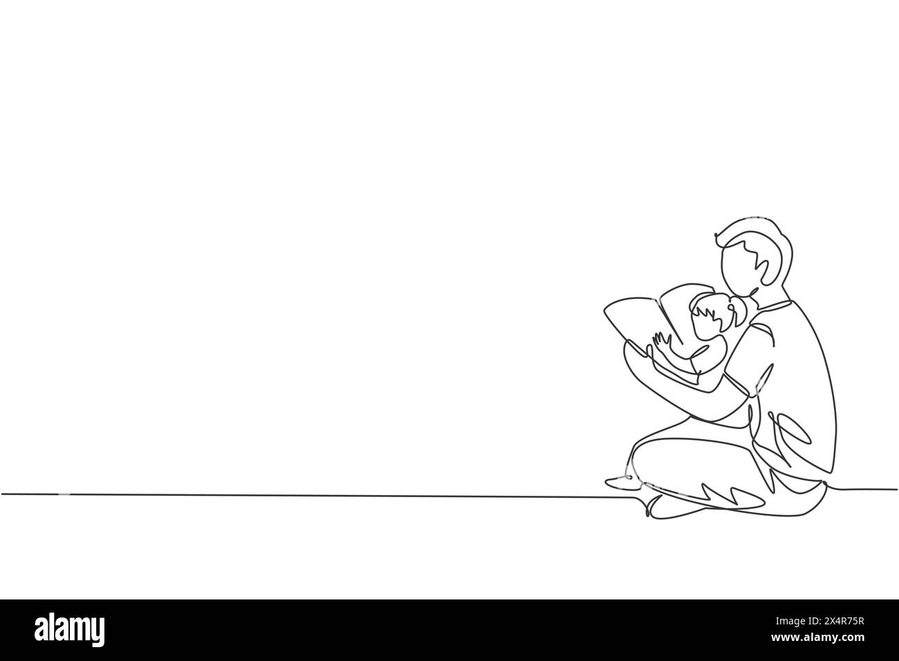 One continuous line drawing of young dad sitting on floor and reading ...