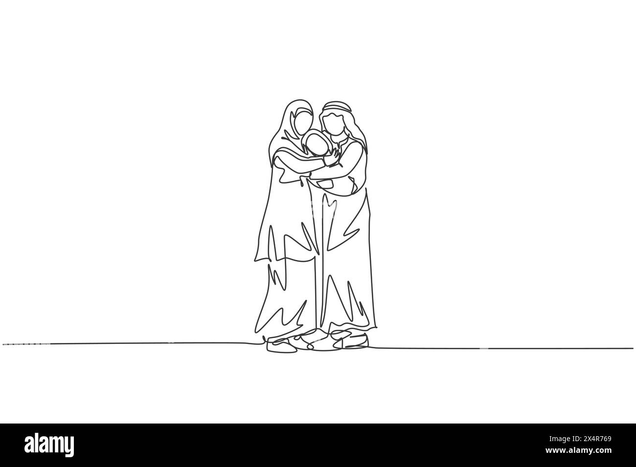One single line drawing of young Arabian father and mother hugging their baby full of love ...
