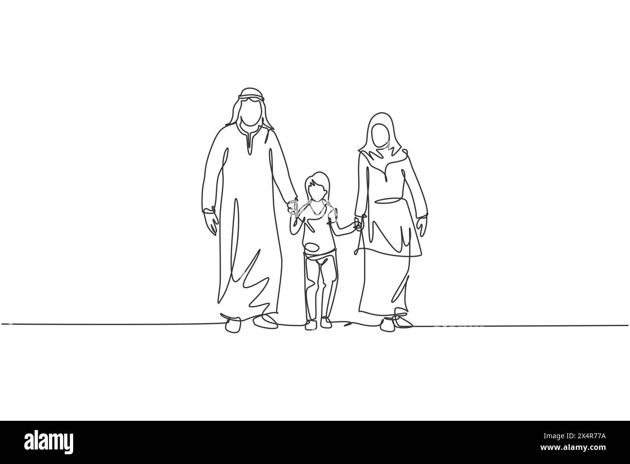 Single continuous line drawing of young Arabian mom and dad walking and ...