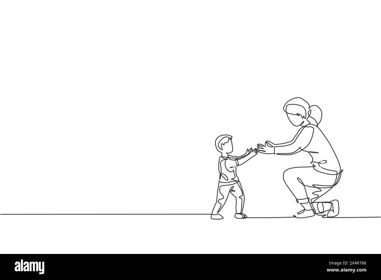 Single continuous line drawing of young mom ready to hug her son who ...