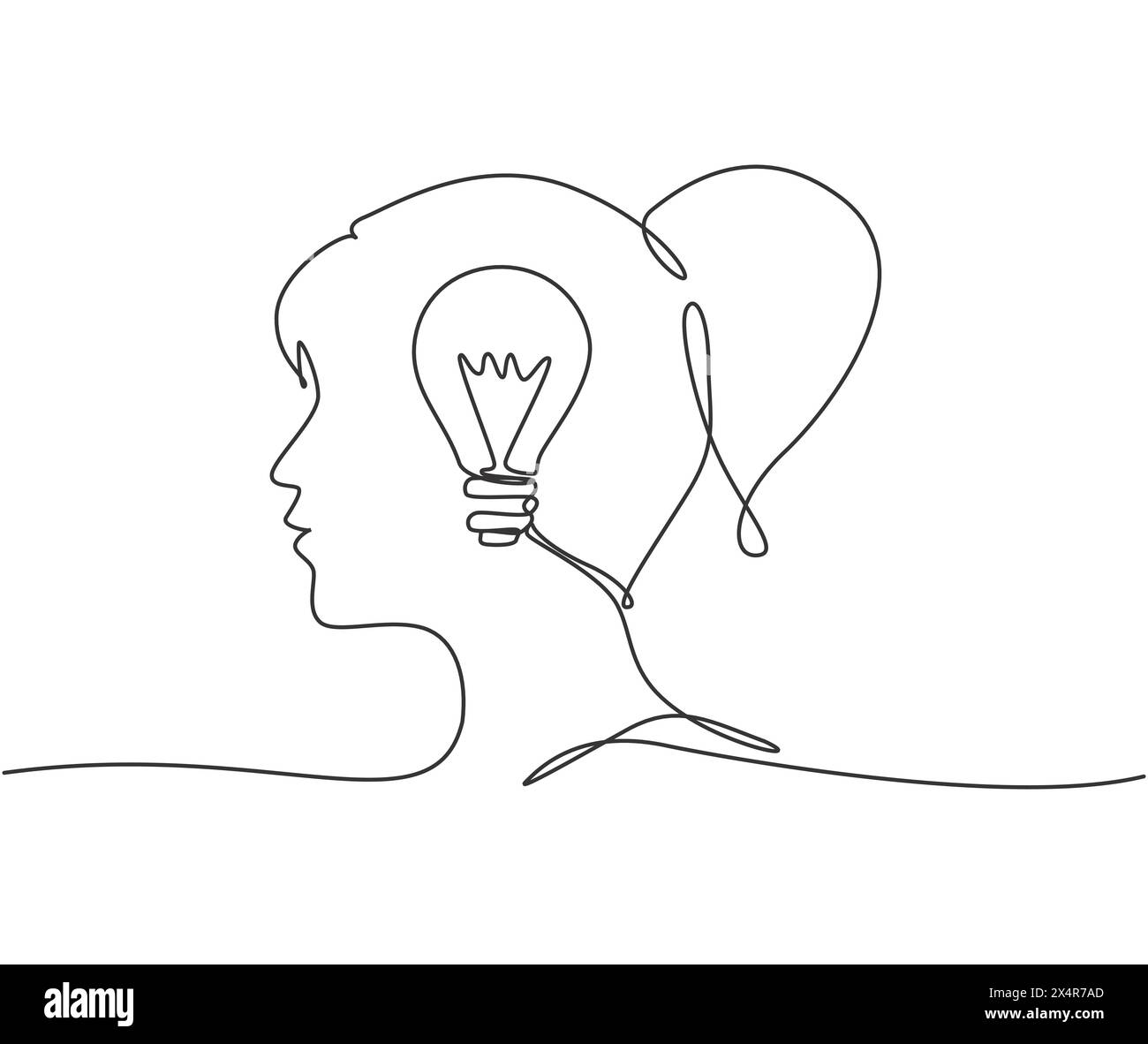 One single line drawing of human woman head with lightbulb inside for ...