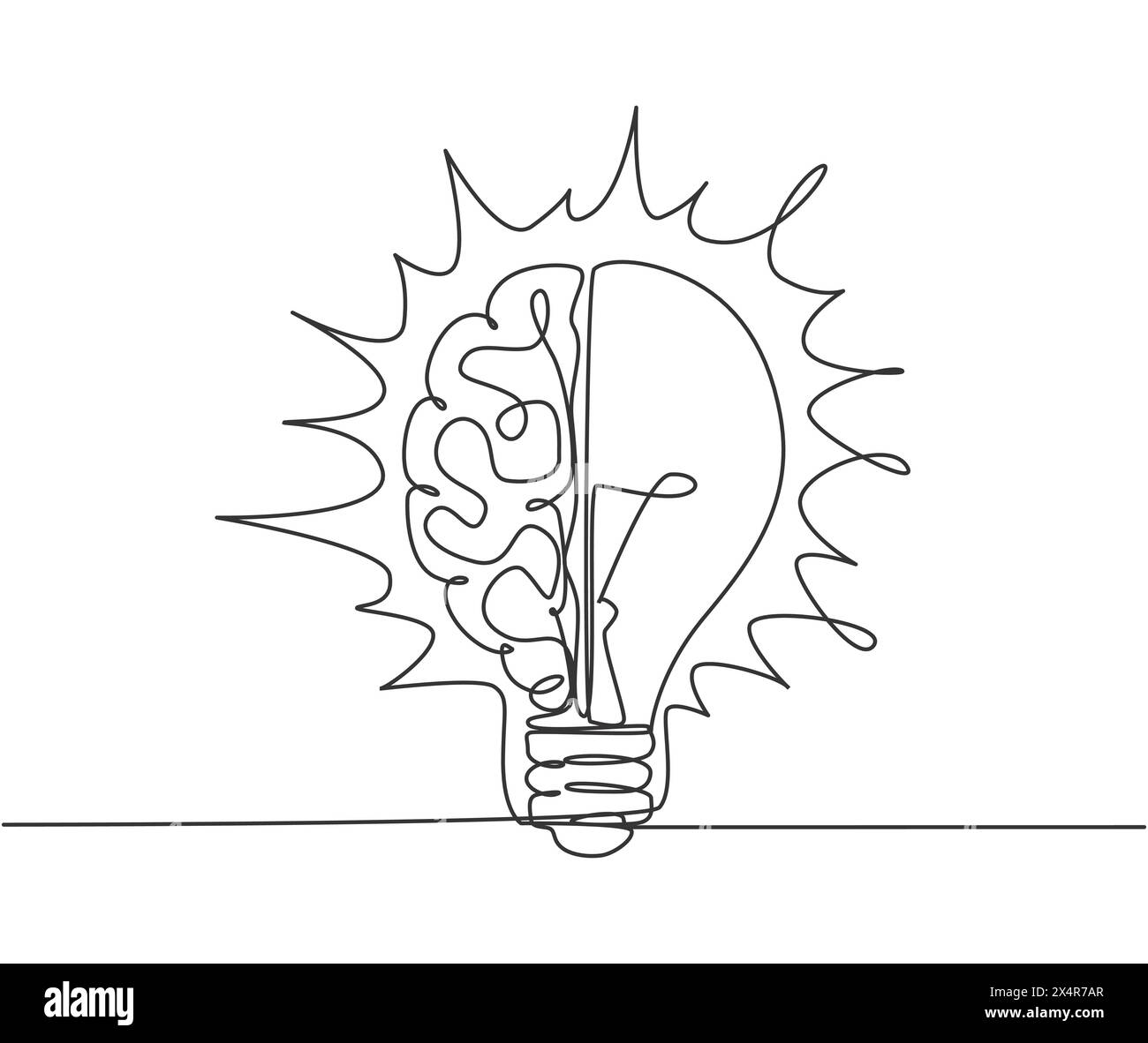 One continuous line drawing of half human brain and half light bulb ...
