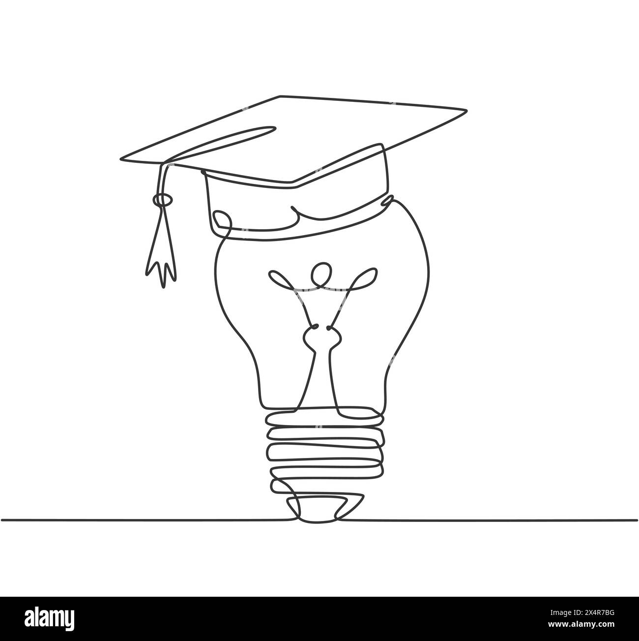 One single line drawing of light bulb wearing graduation hat logo ...