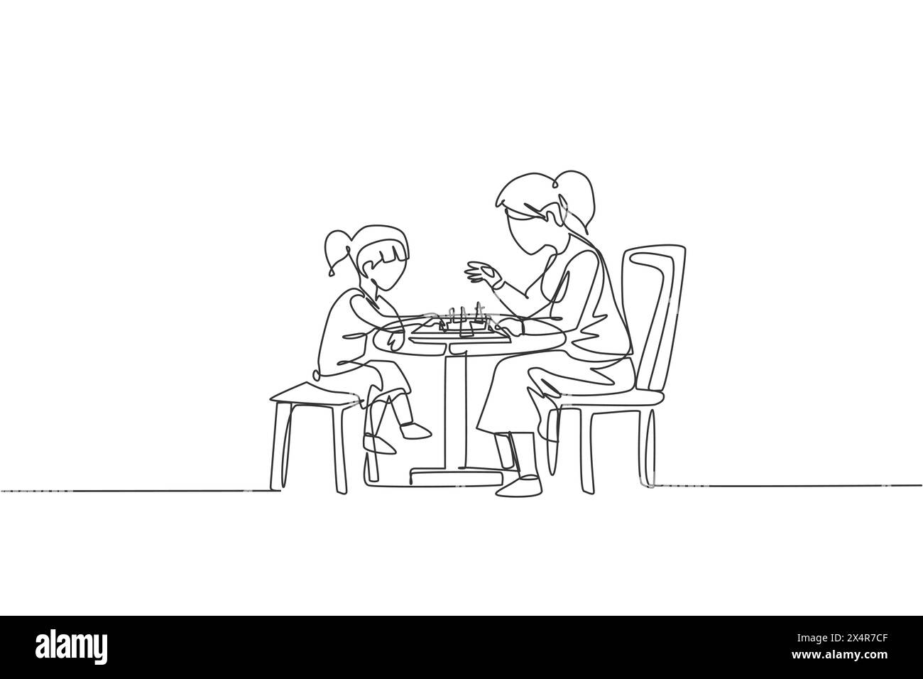 One single line drawing of young mom and her son siting on chair and ...