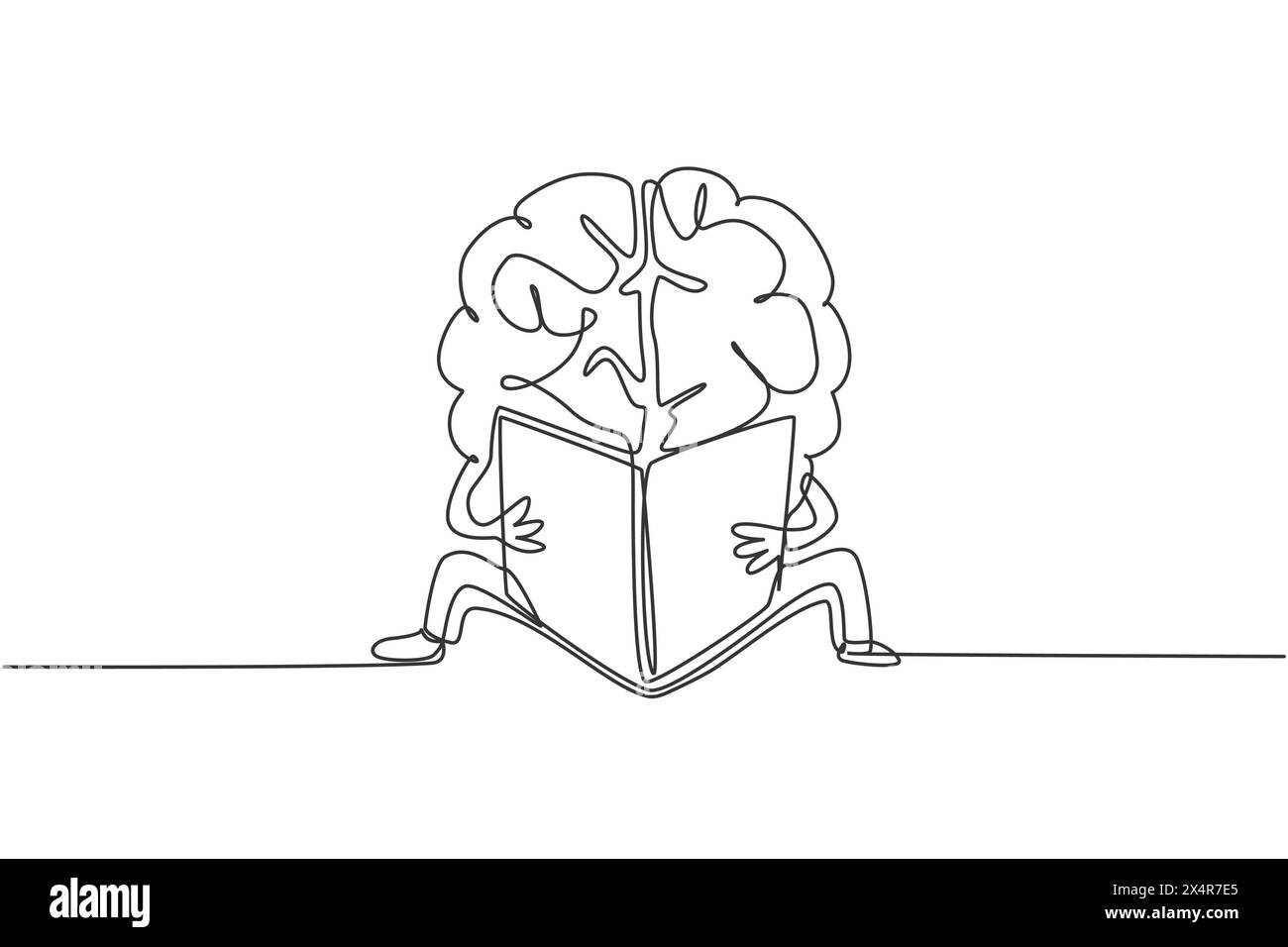 Single continuous line drawing of human brain reading book on the floor ...