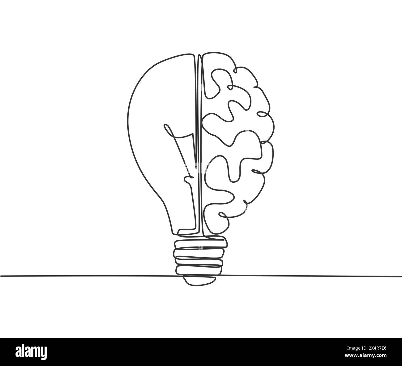 Single continuous line drawing of half light bulb and half human brain ...