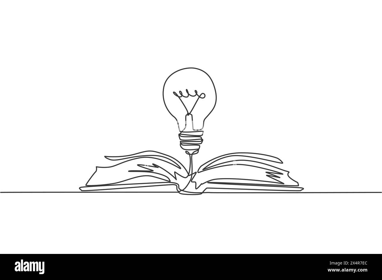 One single line drawing of shining light bulb above open text book logo identity. Knowledge ...