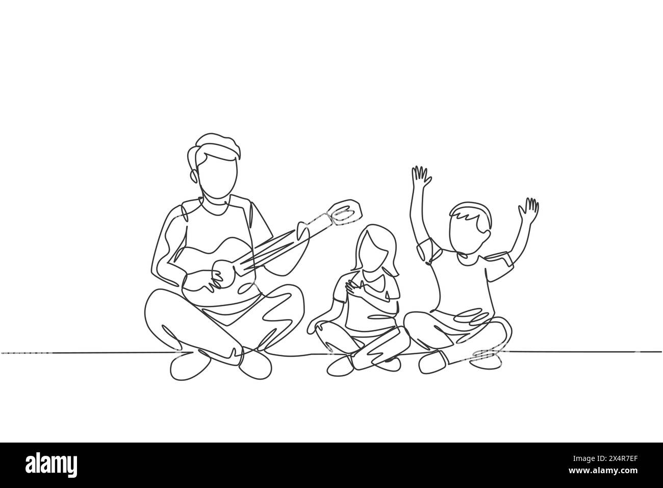 One continuous line drawing of young cheerful father playing guitar and ...