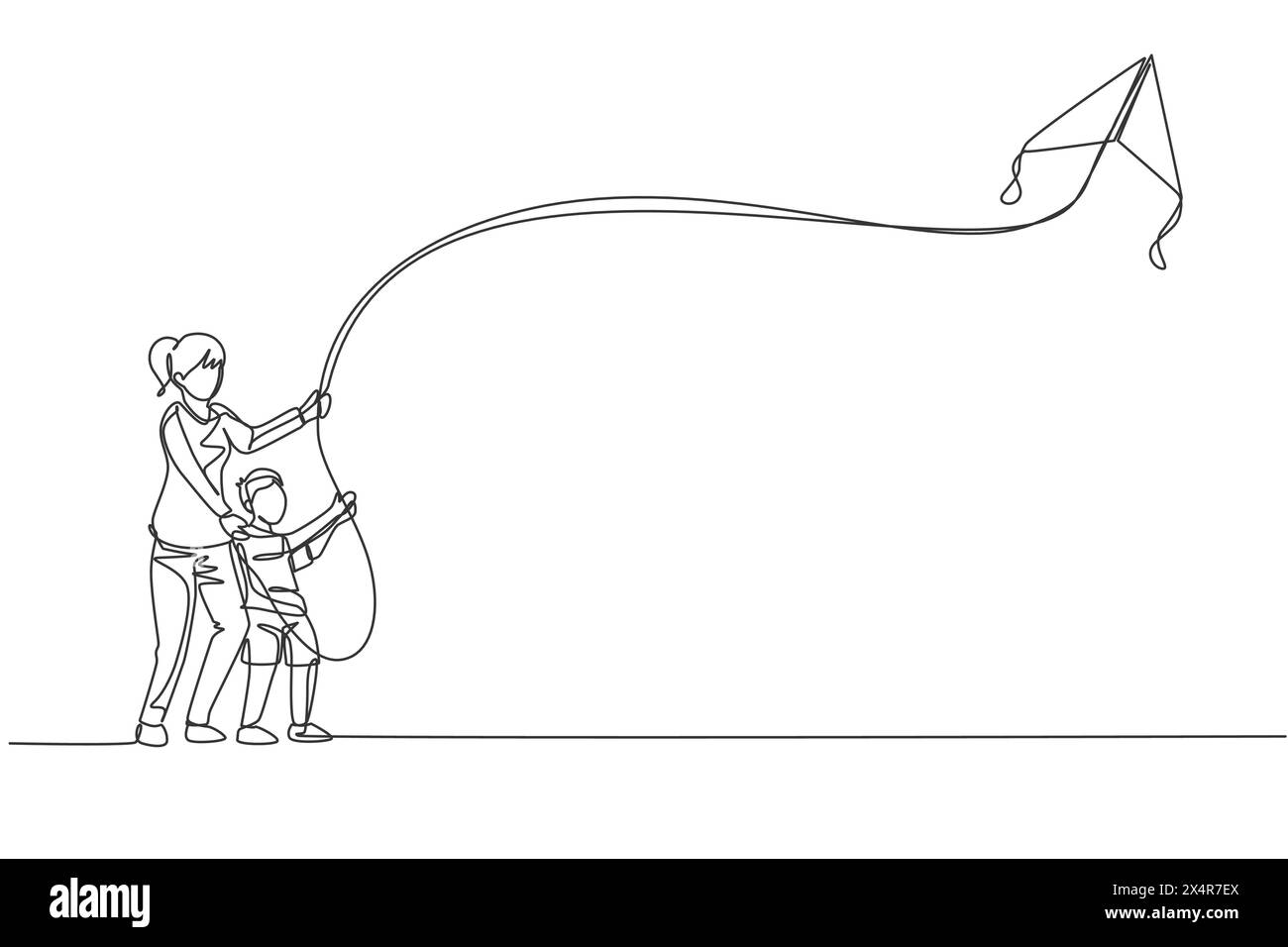 Single continuous line drawing of young mom and her son playing to fly ...