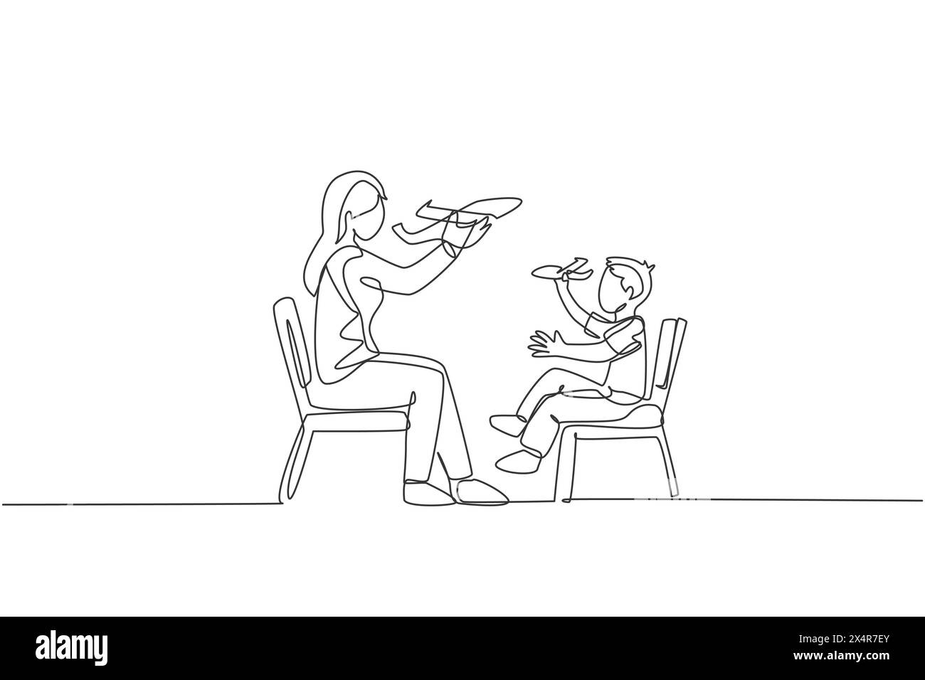 One continuous line drawing of young mother and her daughter sitting on ...