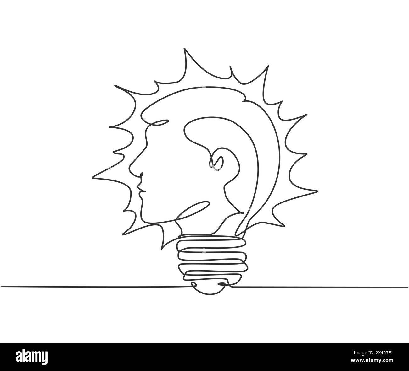One continuous line drawing of human head from side view inside shining ...