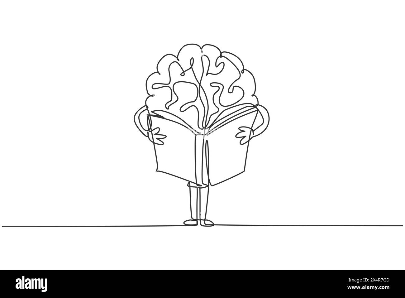Single continuous line drawing of human brain standing and reading book ...