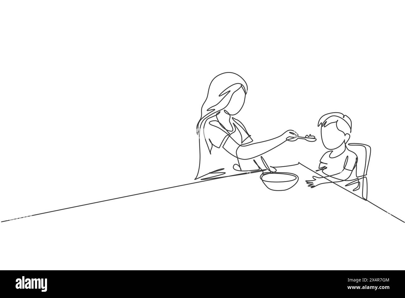 One Continuous Line Drawing Of Young Mom Feeding Her Sick Fever Son While Siting On Dining Chair