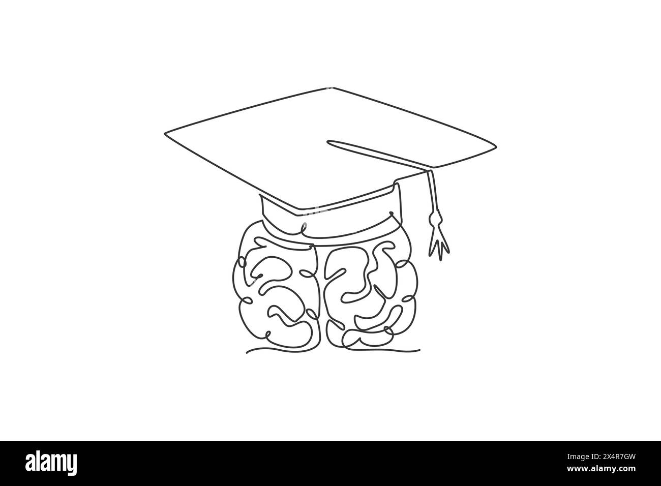 Single continuous line drawing of human brain wearing graduation cap ...