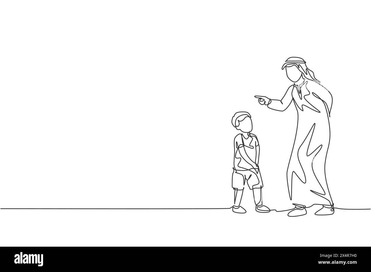 One continuous line drawing of young Islamic father talk and give wise ...