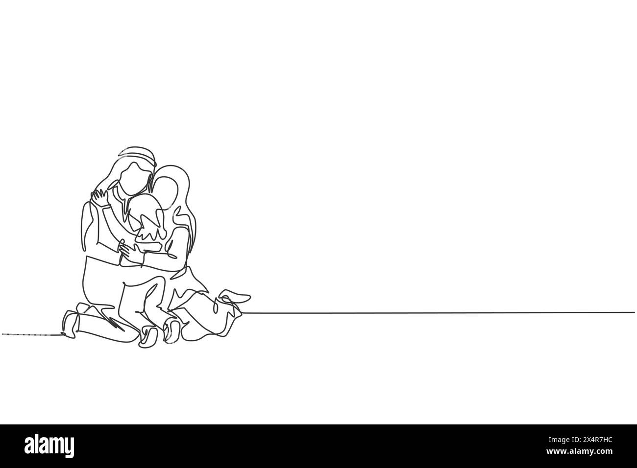 One single line drawing of young happy Arabian mother and father ...