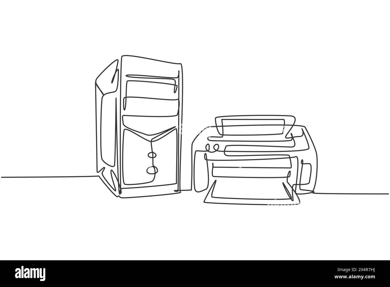 One continuous line drawing of cpu computer and printer for small office appliance. Electricity ...