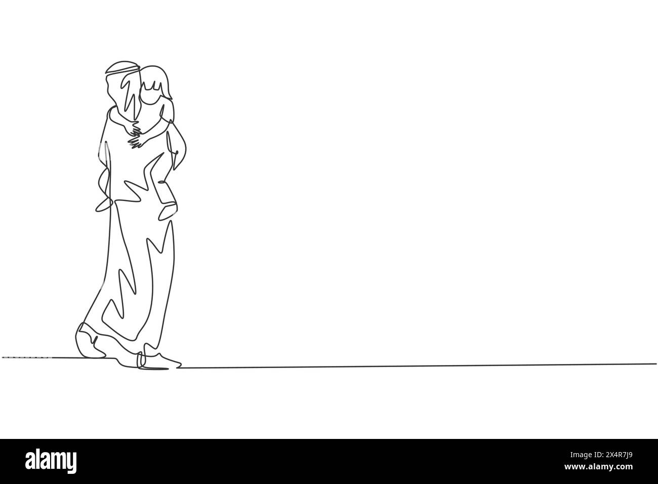 One single line drawing of young Islamic dad carrying and hugging his ...