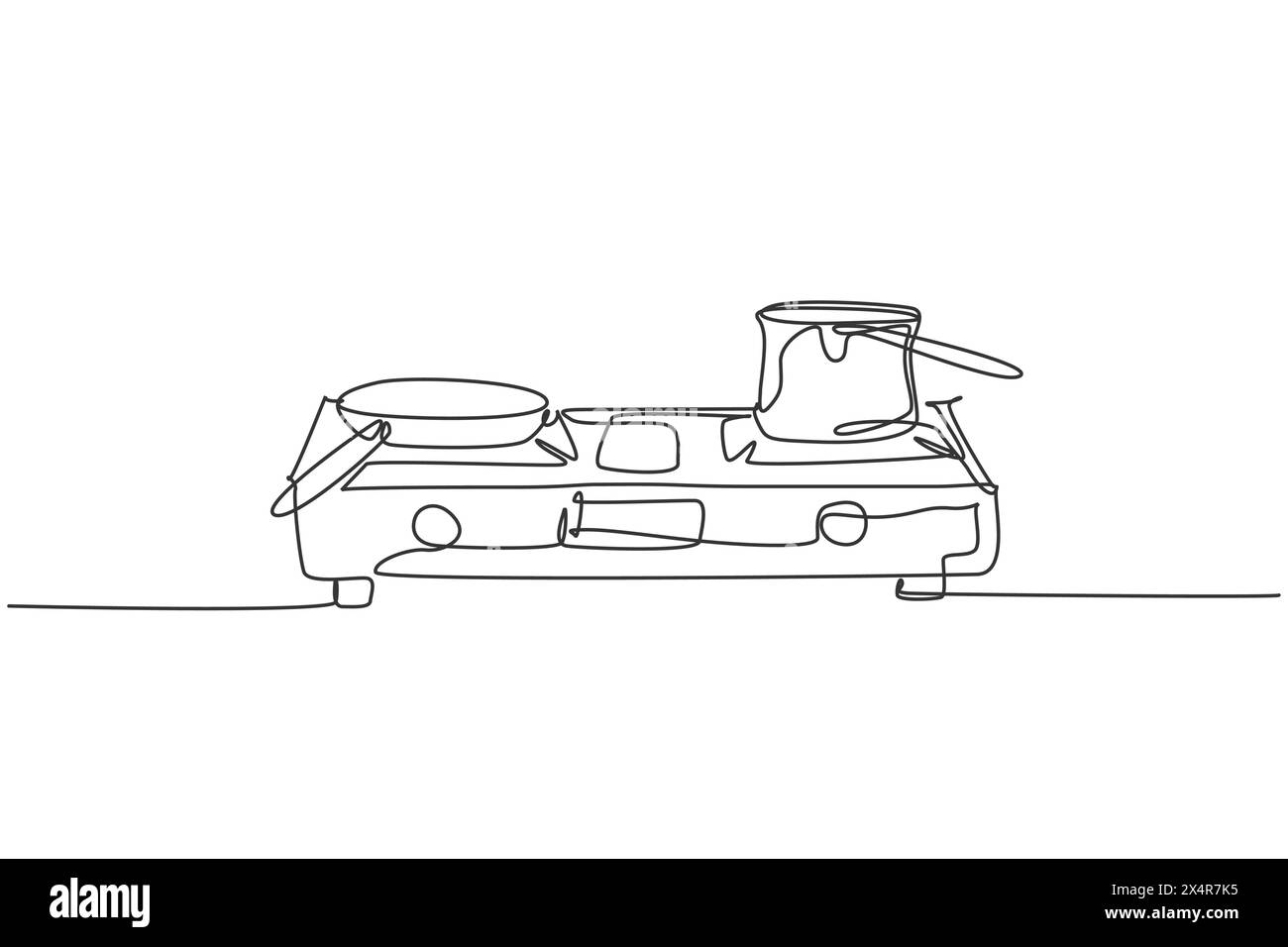 One continuous line drawing of gas stove with stainless steel pan above ...