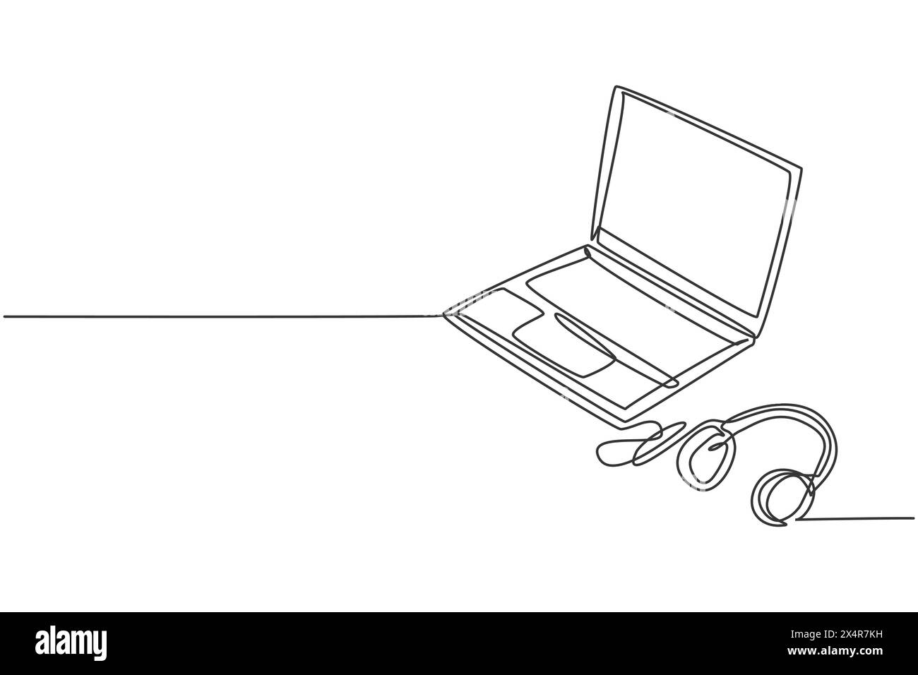 One single line drawing of thin laptop with headphone beside ...