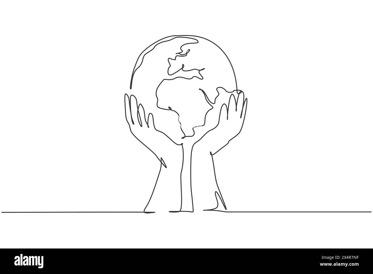 Hands hold earth. Single continuous line world global map graphic icon ...