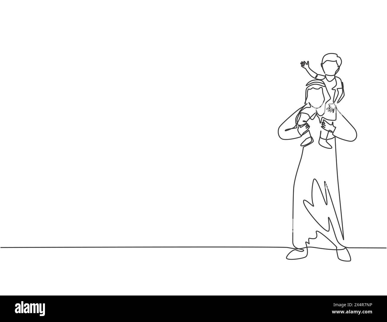 Single continuous line drawing of young Arabian father lift and hold ...