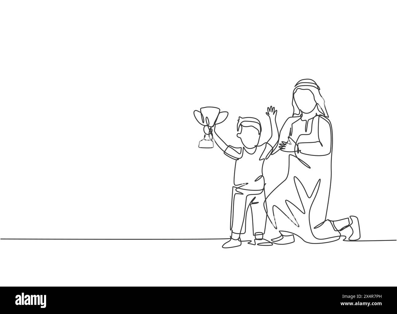 Single continuous line drawing of young Arabian father proud to his son ...