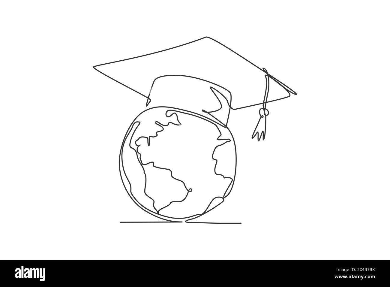 Graduation hat on earth globe. Single continuous line world global ...
