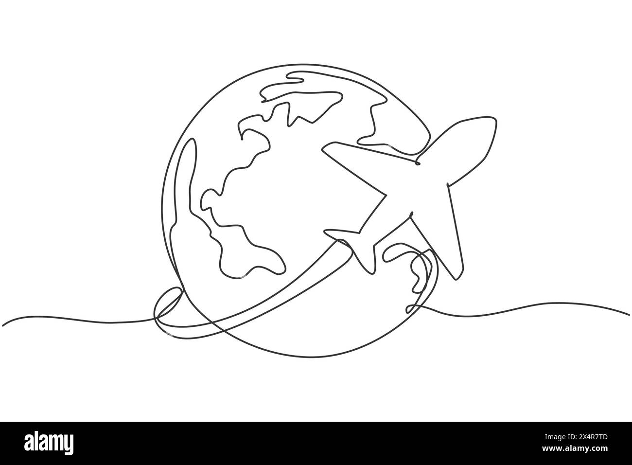 Single one line drawing of airplane fly through the sky. Globe icon ...