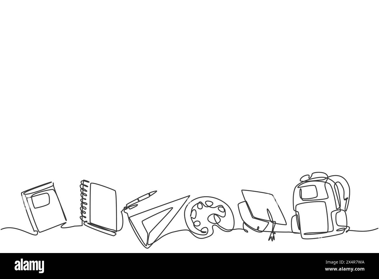Single continuous line drawing of book, ruler, school bag, graduation ...