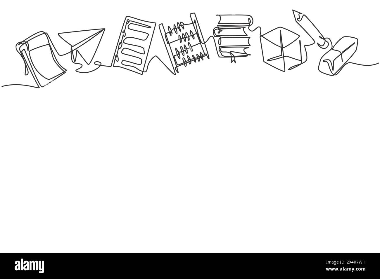 Continuous one line drawing of school equipment set, abacus, notepad ...