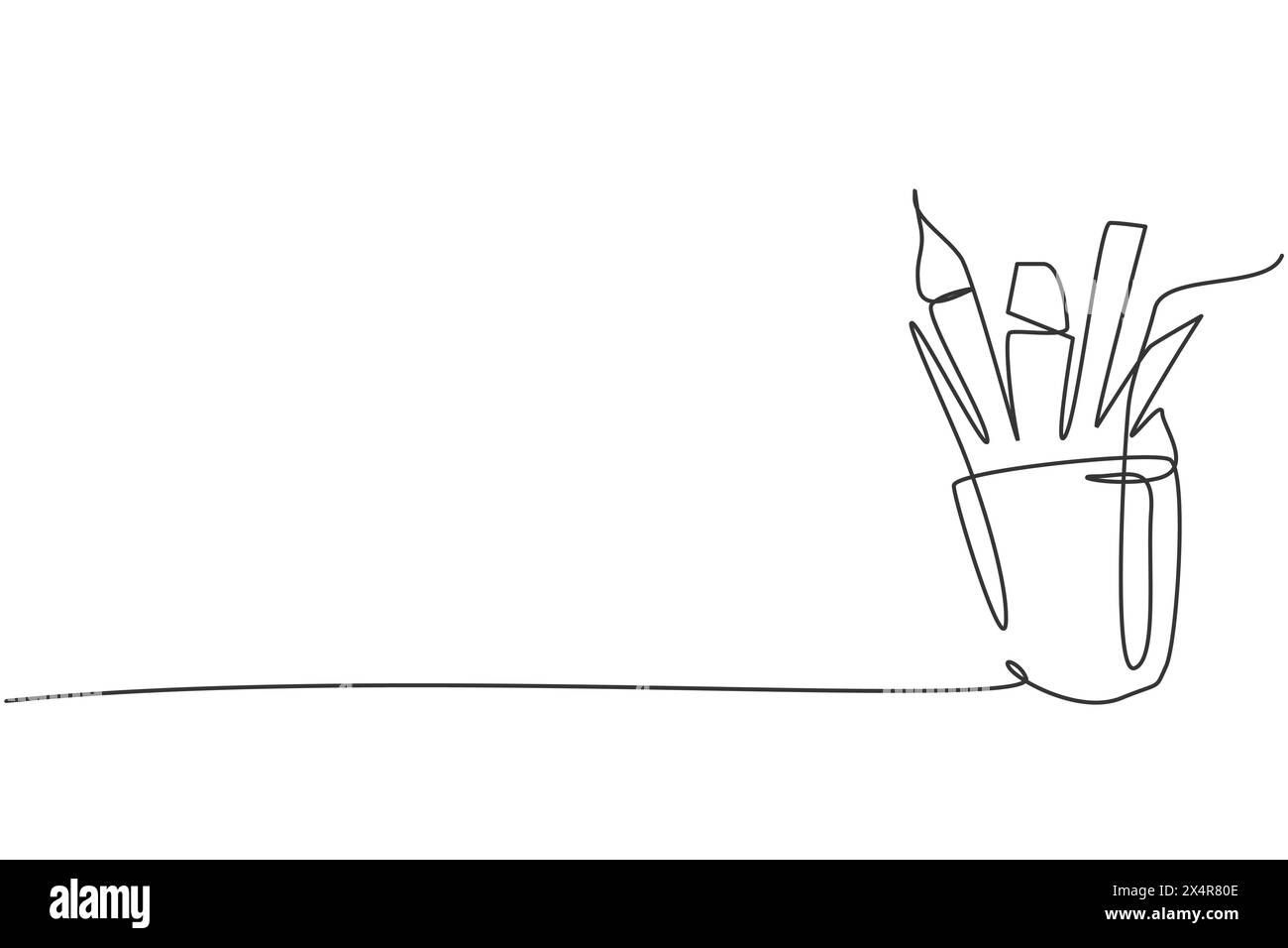 Single one line drawing of pencil, pen, crayon and ruler inside ...