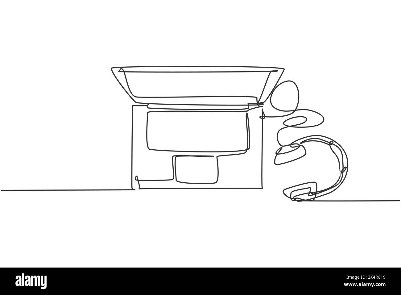 One single line drawing of laptop and classic headphone from top view ...