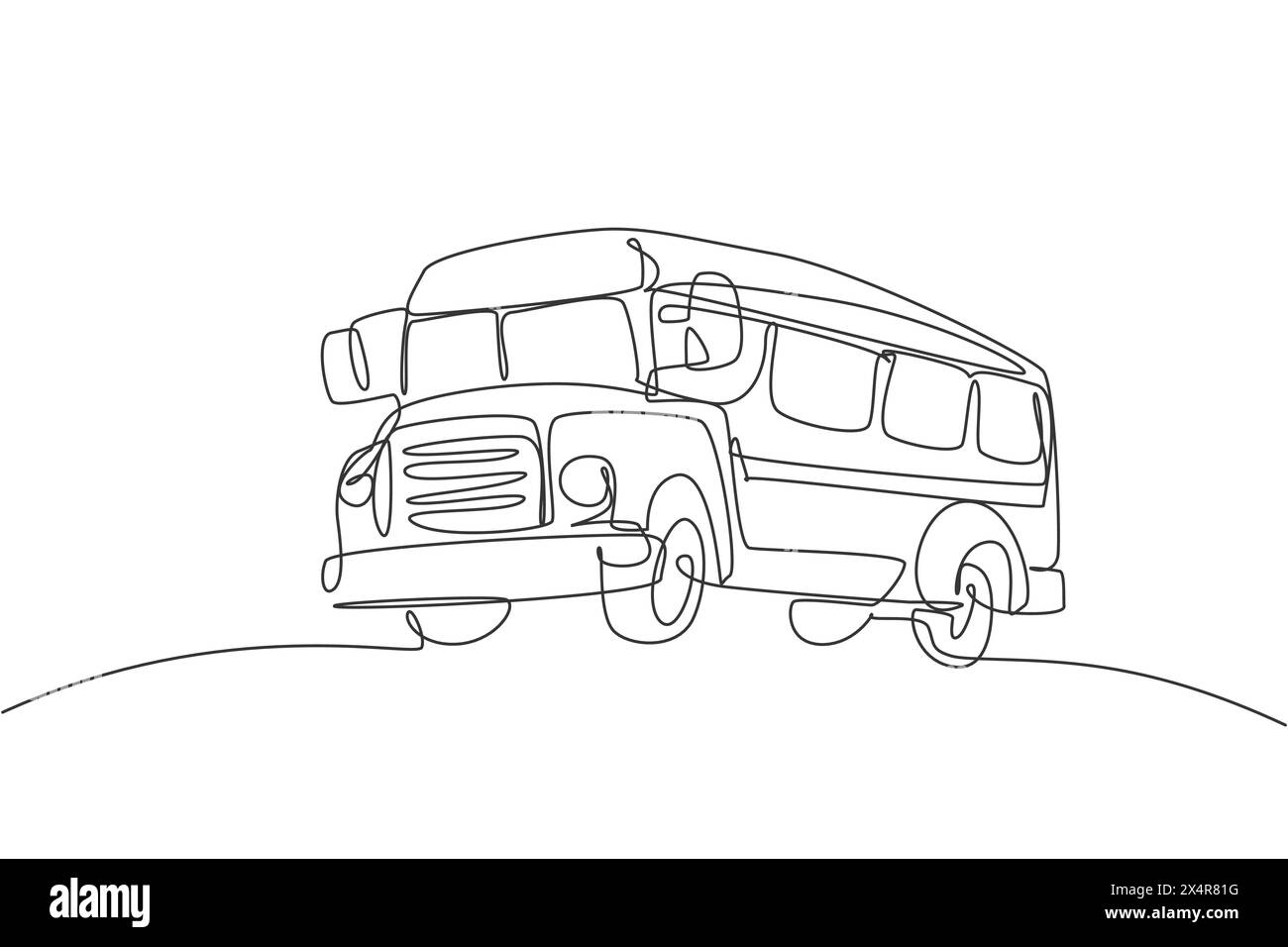 Single one line drawing of old classic school bus for elementary school ...